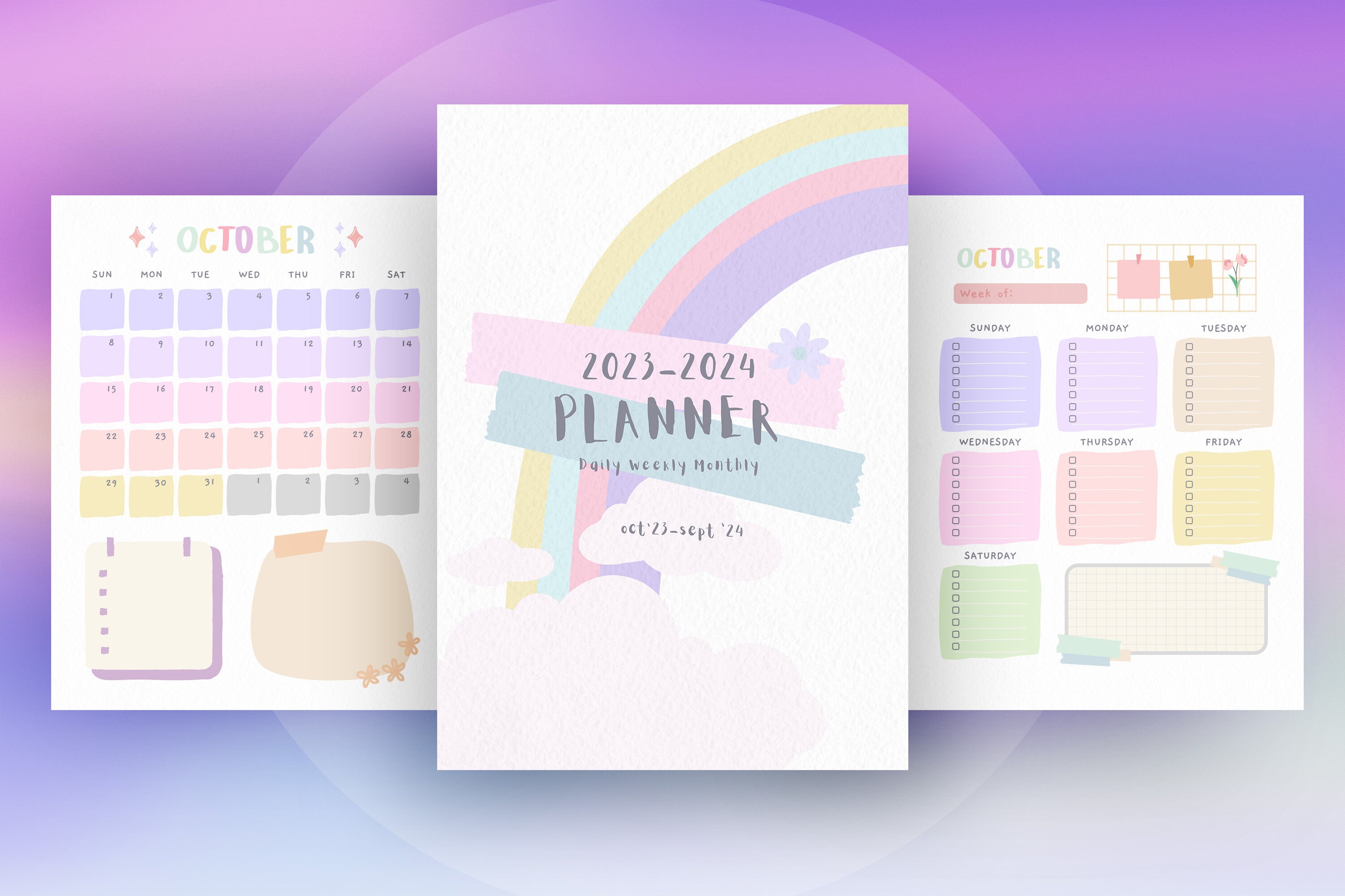 Editable Colorful Cute 23-24 Planner, Monthly Weekly Daily Printable ...