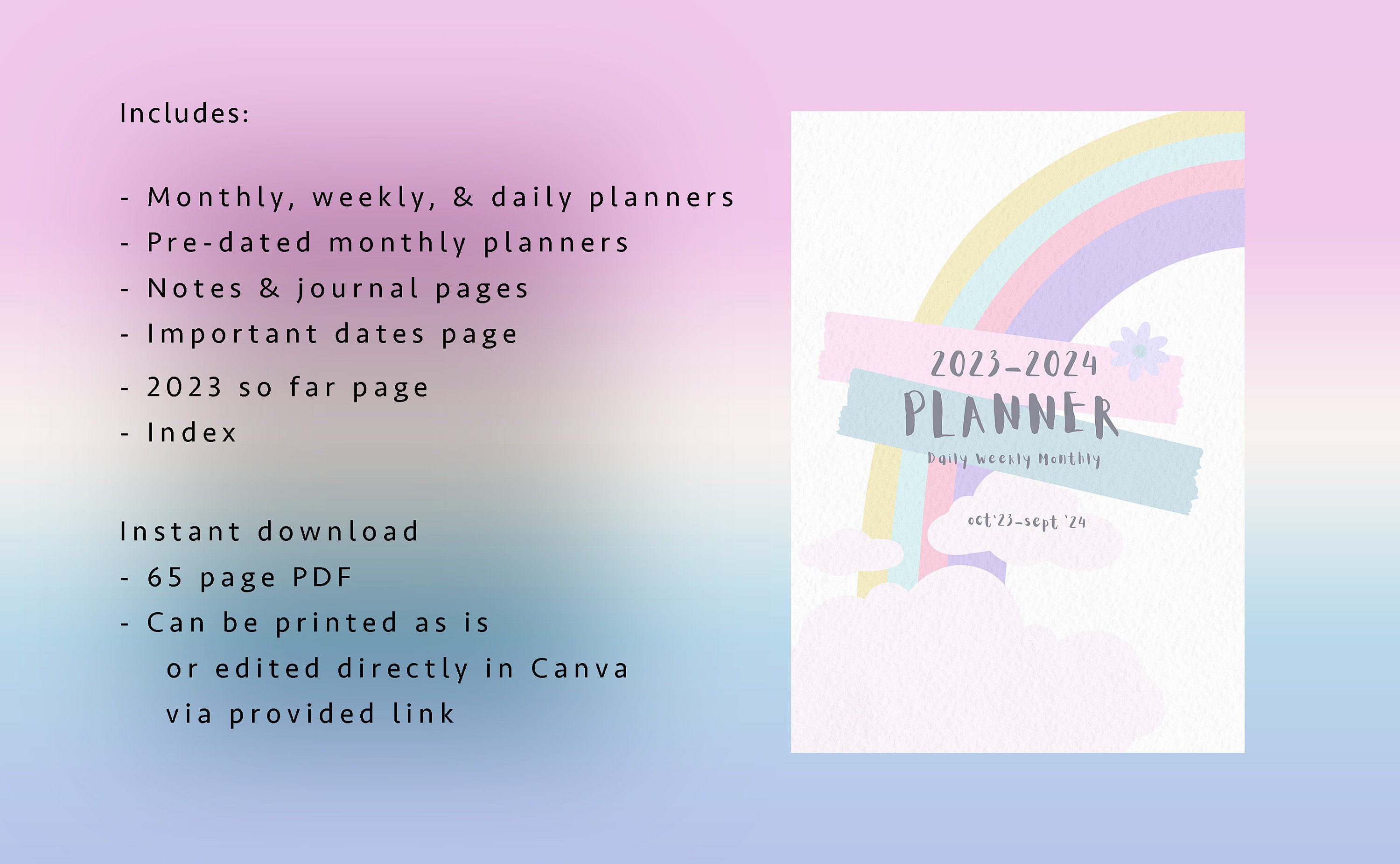 Editable Colorful Cute 23-24 Planner, Monthly Weekly Daily Printable ...