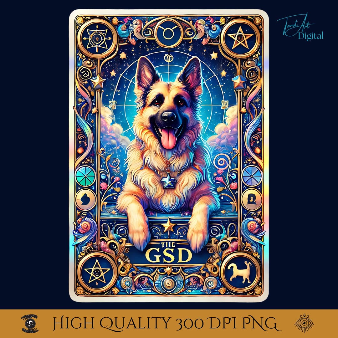 The GSD Tarot Card Digital Art PNG, Mystical German Shepherd Design, Celestial Dog Artwork for ...