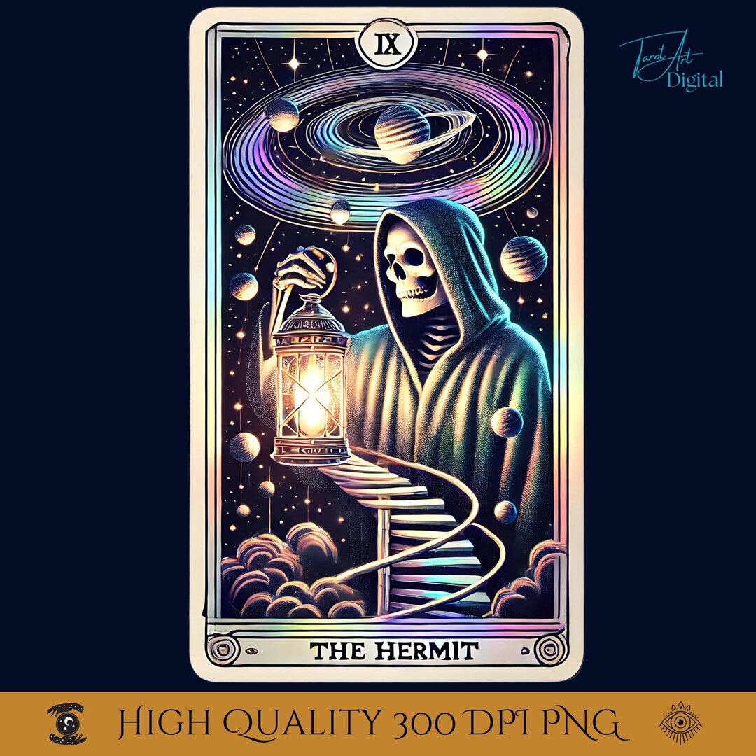 Holographic Hermit Tarot Card PNG: Celestial Skeleton Art (digital ...