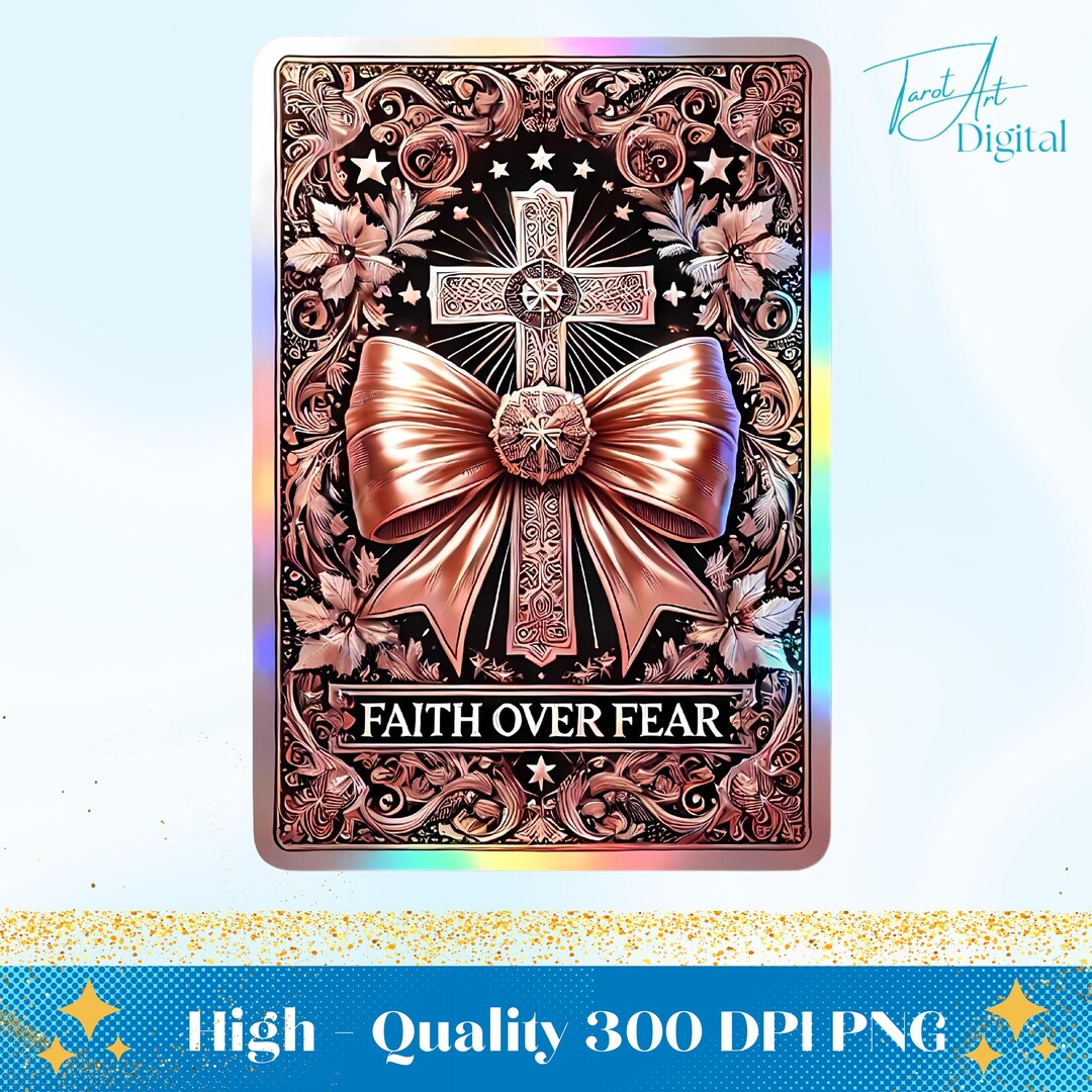 Faith Over Fear Cross Holographic Art Print, Rose Gold Cross With Bow ...
