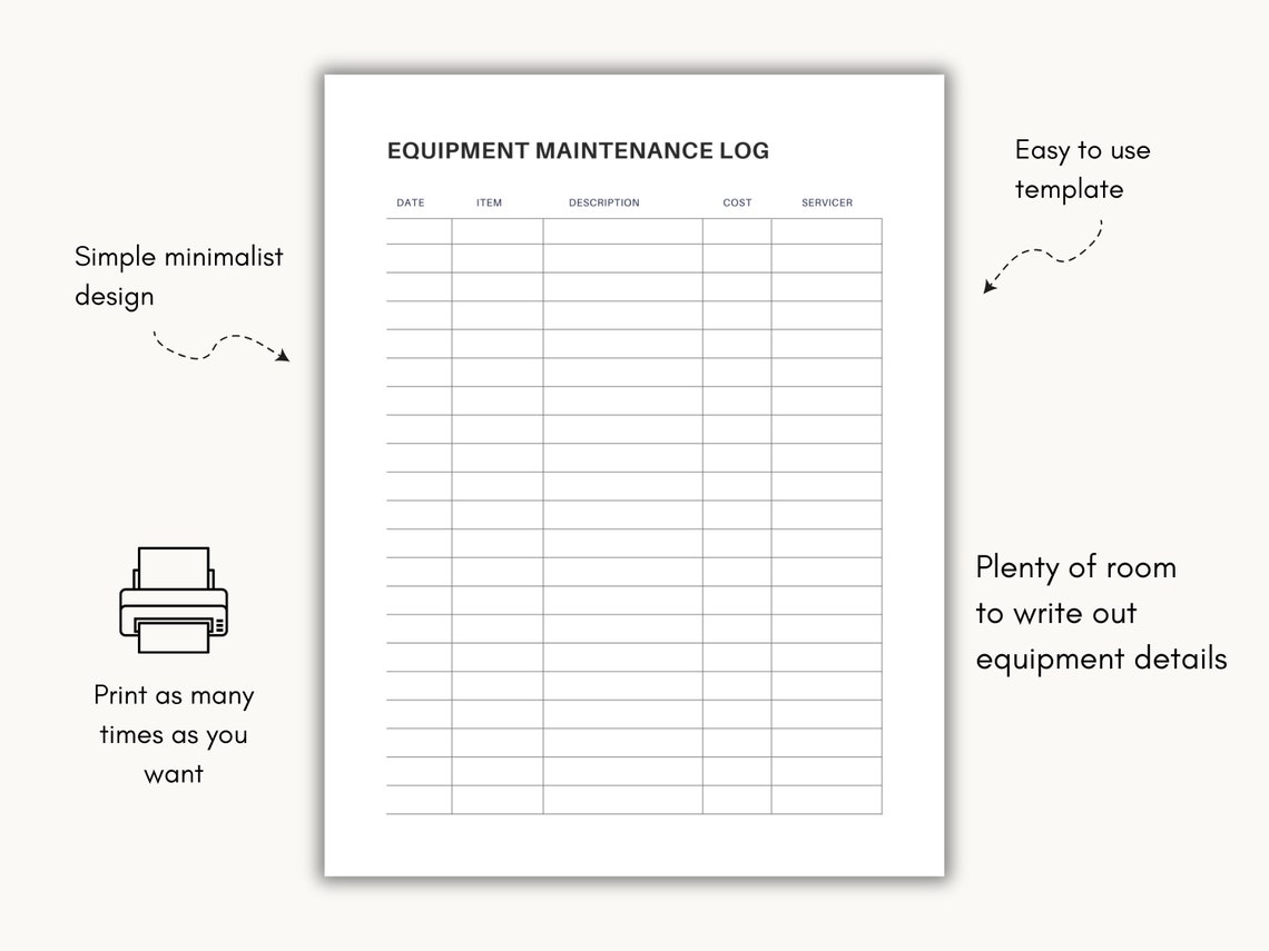 Equipment Maintenance Log, Printable Repair Log, Equipment Expense ...