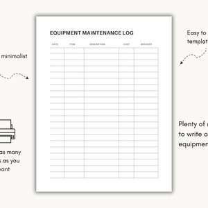 Equipment Maintenance Log, Printable Repair Log, Equipment Expense ...