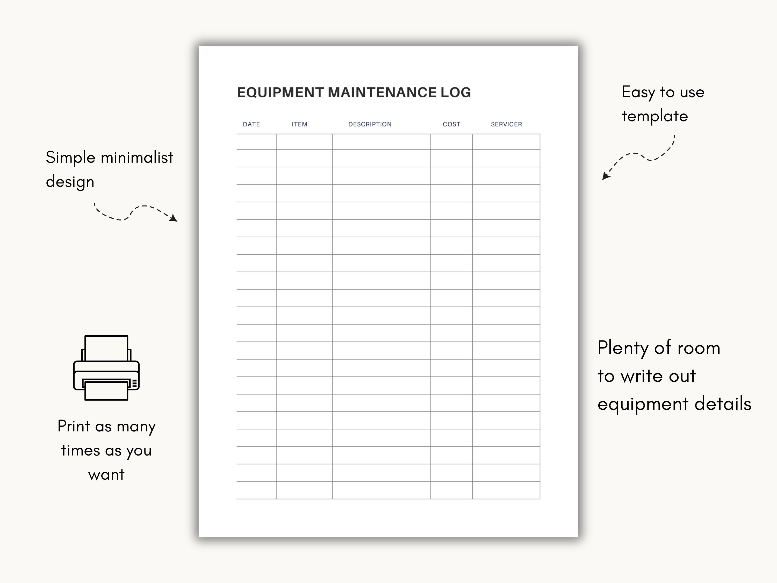 Equipment Maintenance Log, Printable Repair Log, Equipment Expense ...