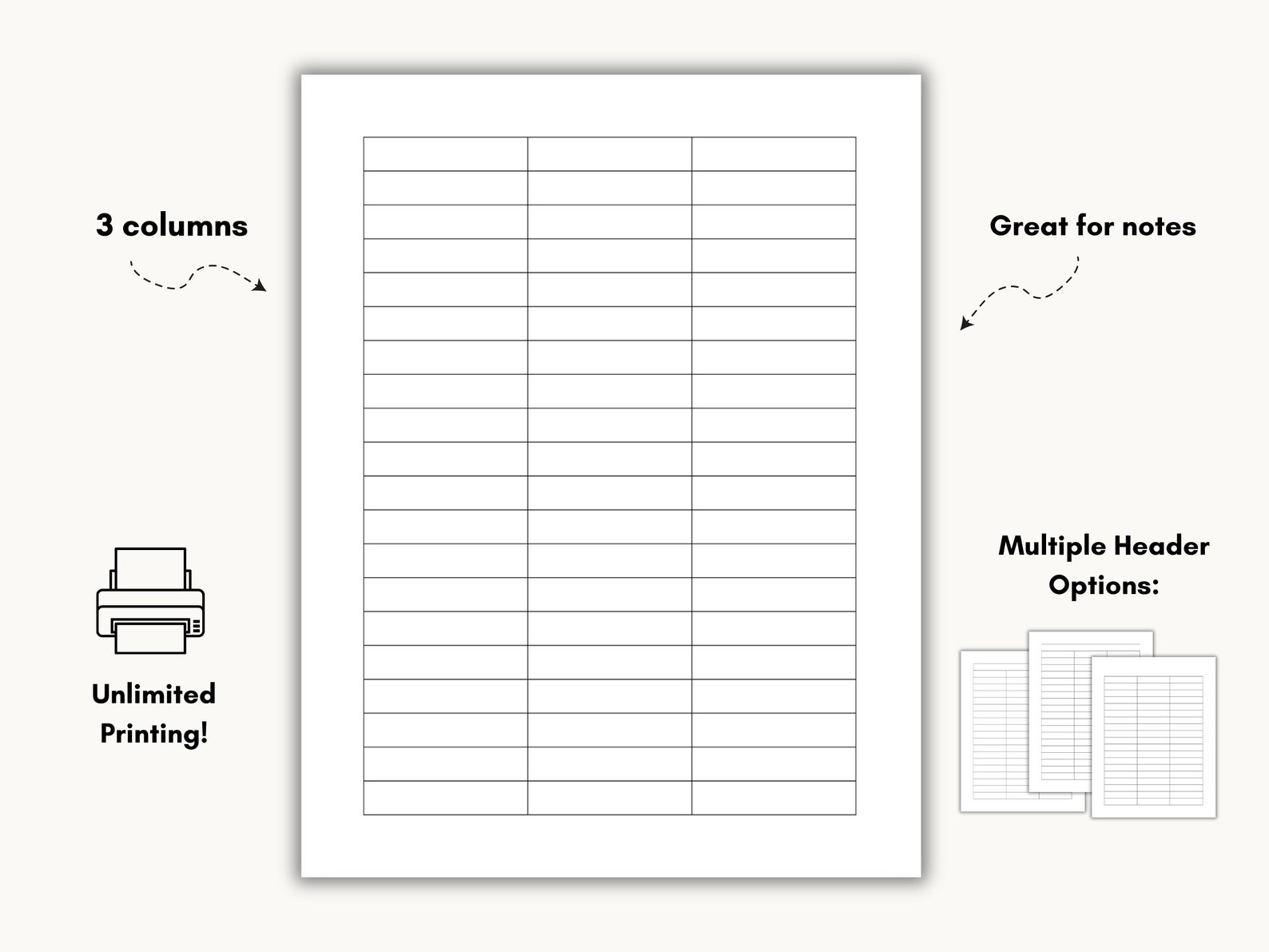 3 Column Notes, Printable Lined Paper, Column Graphic Template, Planner ...