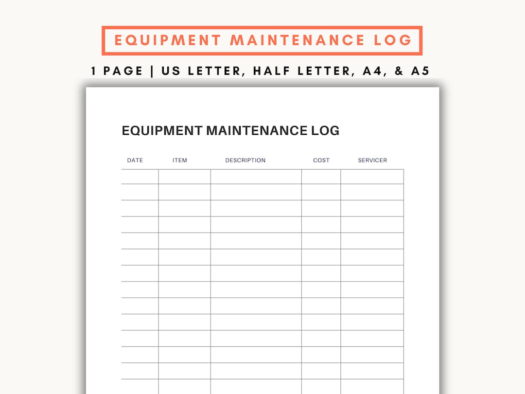 Equipment Maintenance Log, Printable Repair Log, Equipment Expense ...