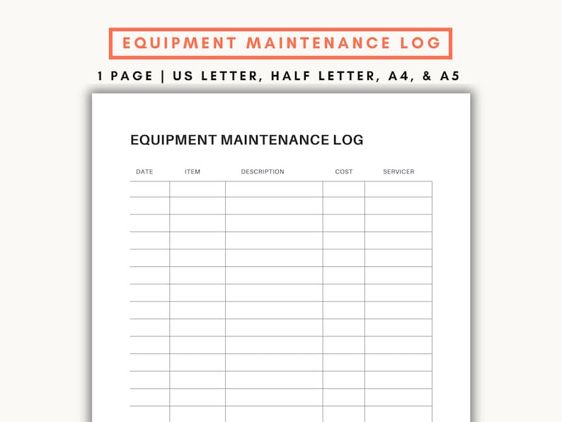 Equipment Maintenance Log, Printable Repair Log, Equipment Expense ...