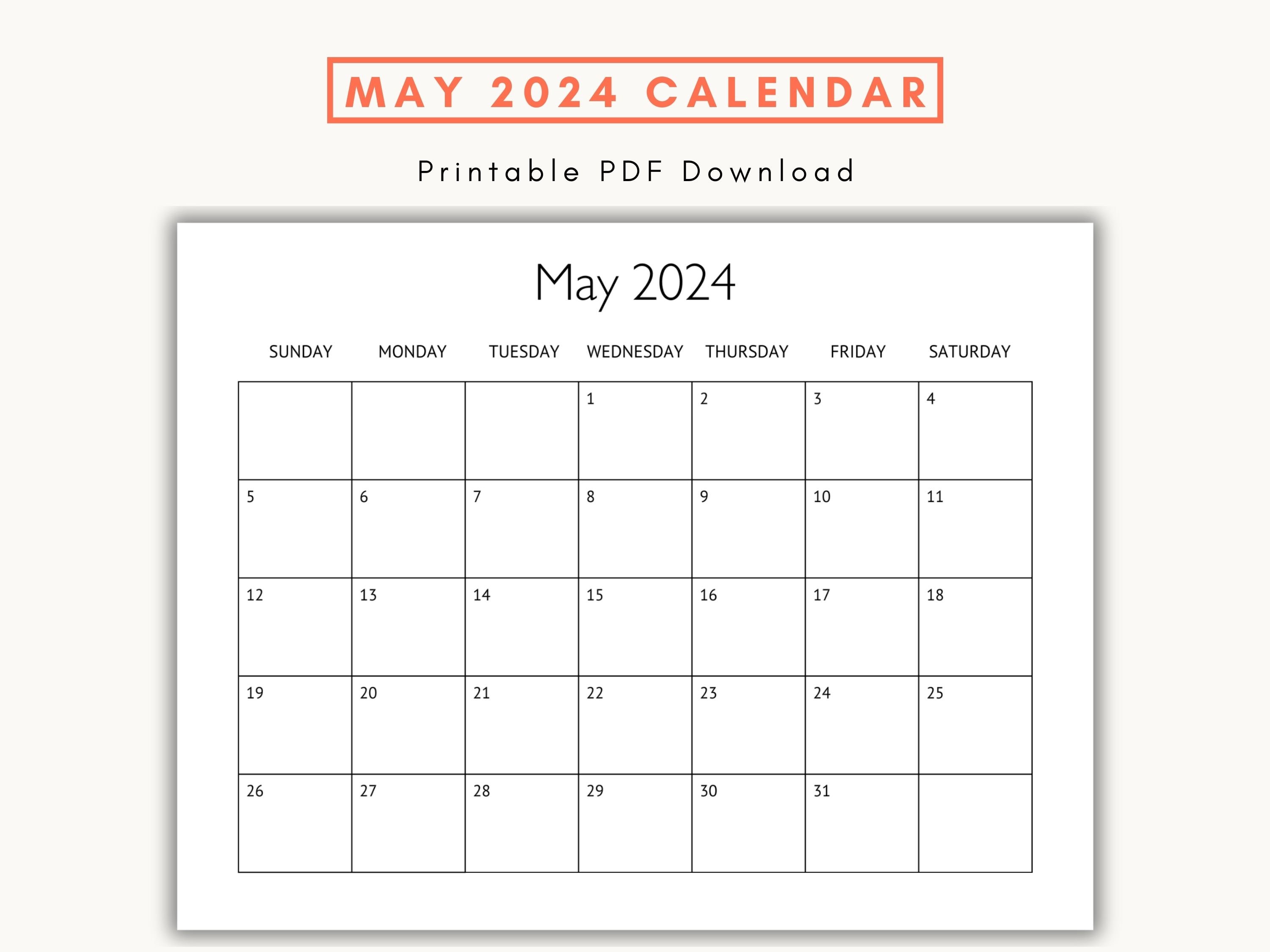 May 2024 Calendar, Printable Monthly Calendar, Minimalist Planner ...