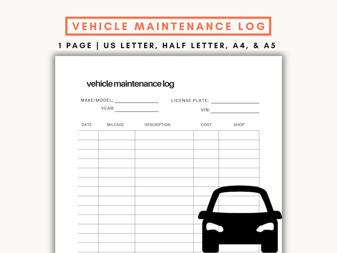 Vehicle Maintenance Log, Car Maintenance Log Book, Printable Car ...