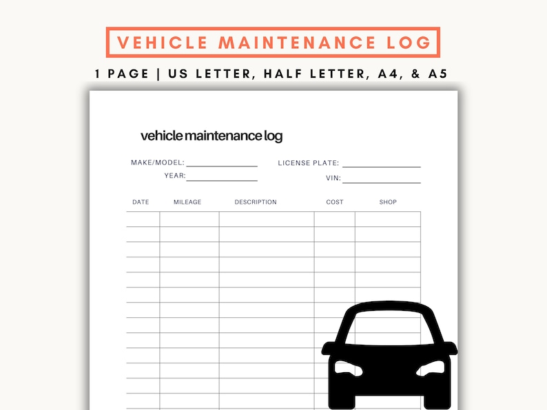 Vehicle Maintenance Log, Car Maintenance Log Book, Printable Car ...