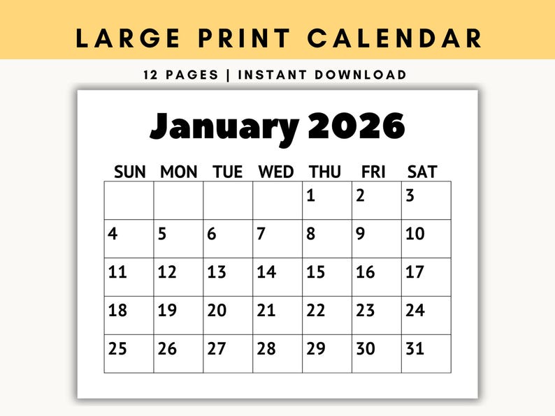 Large Print Calendar 2026 Printable | Easy Read Monthly Wall Calendar ...