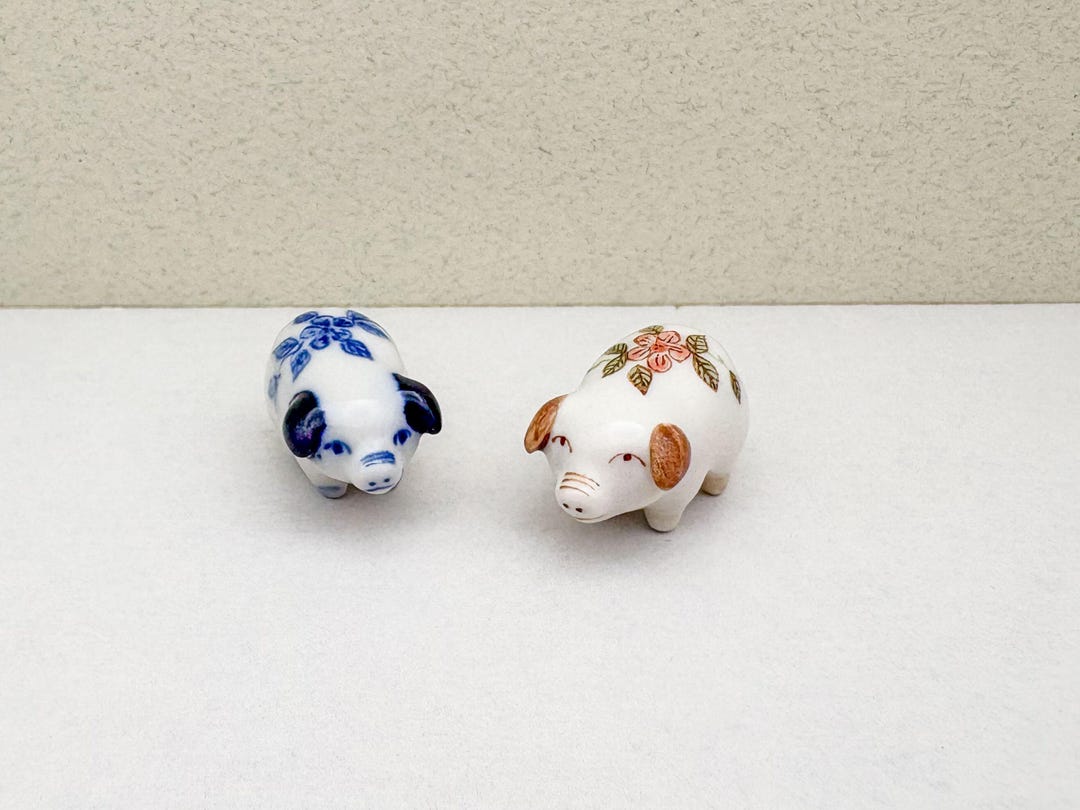 Mini Ceramic Pig Figurines – Hand-painted Floral Piglet Pair in Blue ...