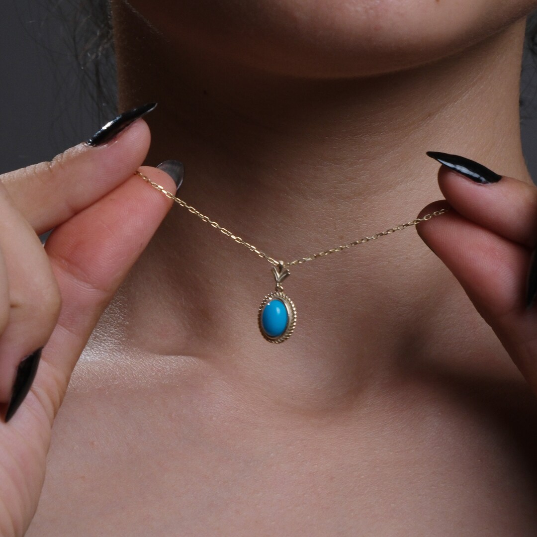 Dainty Turquoise Necklace, 14K Solid Gold Turquoise Stone Necklace ...