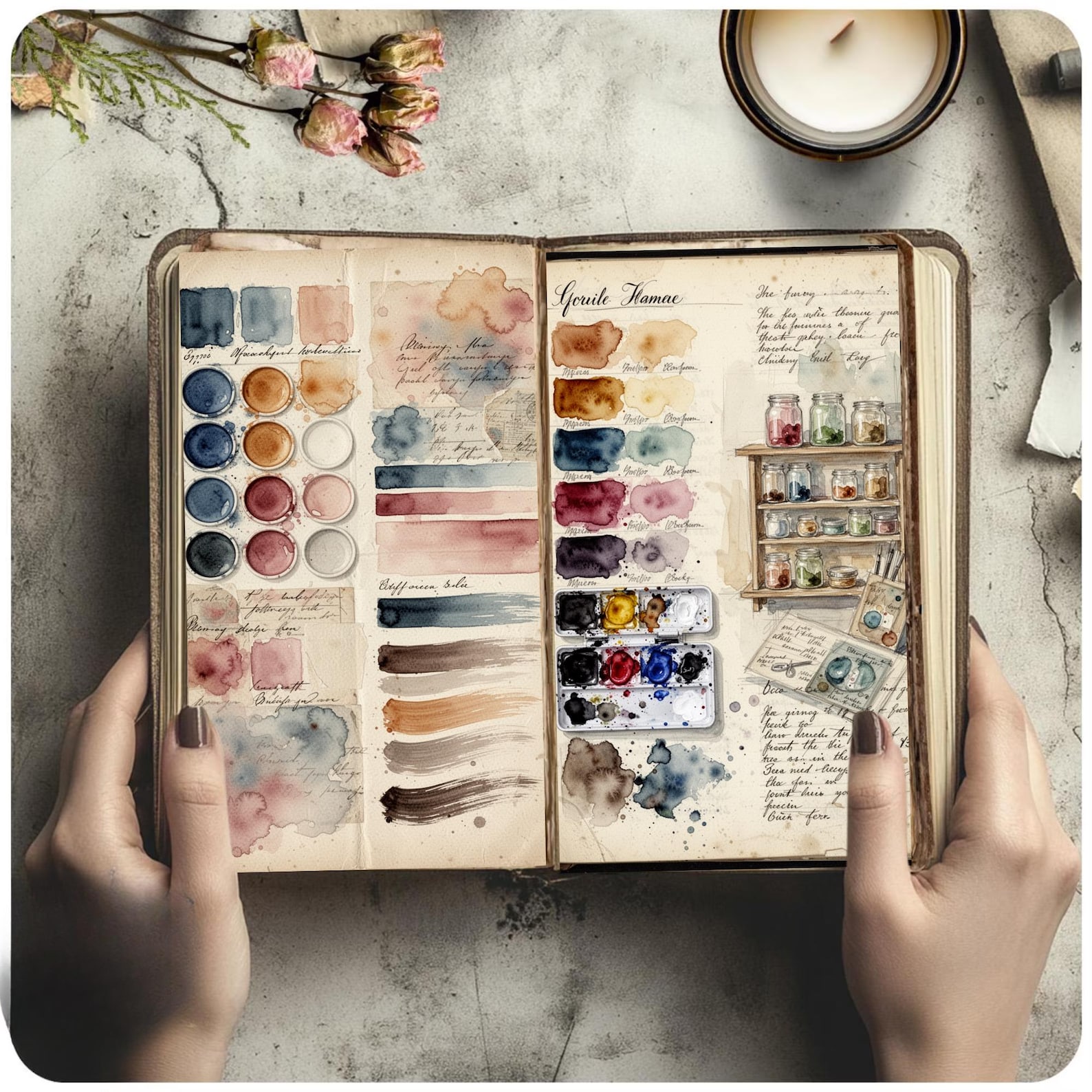 Watercolor Swatchbook Junk Journal Pages : Vintage Art Printable Paper ...