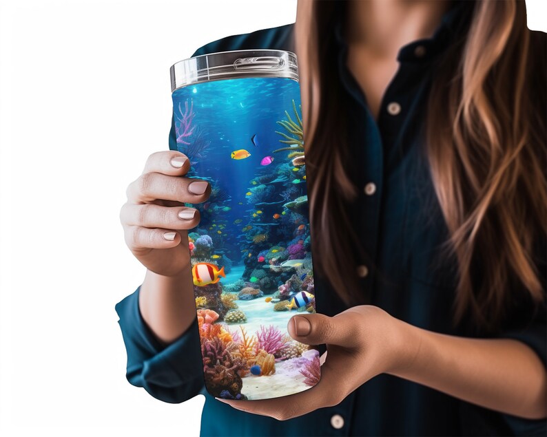 3D Aquarium Colorful Fish Underwater Coral Reef 20 Oz Skinny Tumbler ...