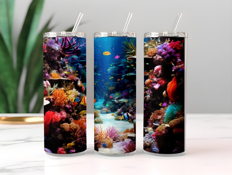 3D Aquarium Colorful Fish Underwater Coral Reef 20 Oz Skinny Tumbler ...