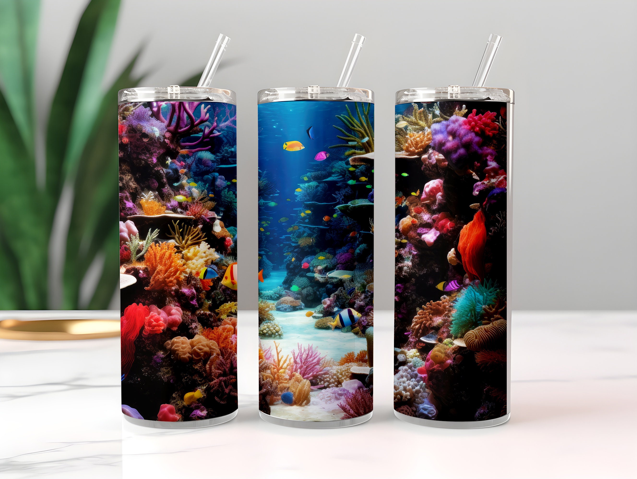 3D Aquarium Colorful Fish Underwater Coral Reef 20 Oz Skinny Tumbler ...