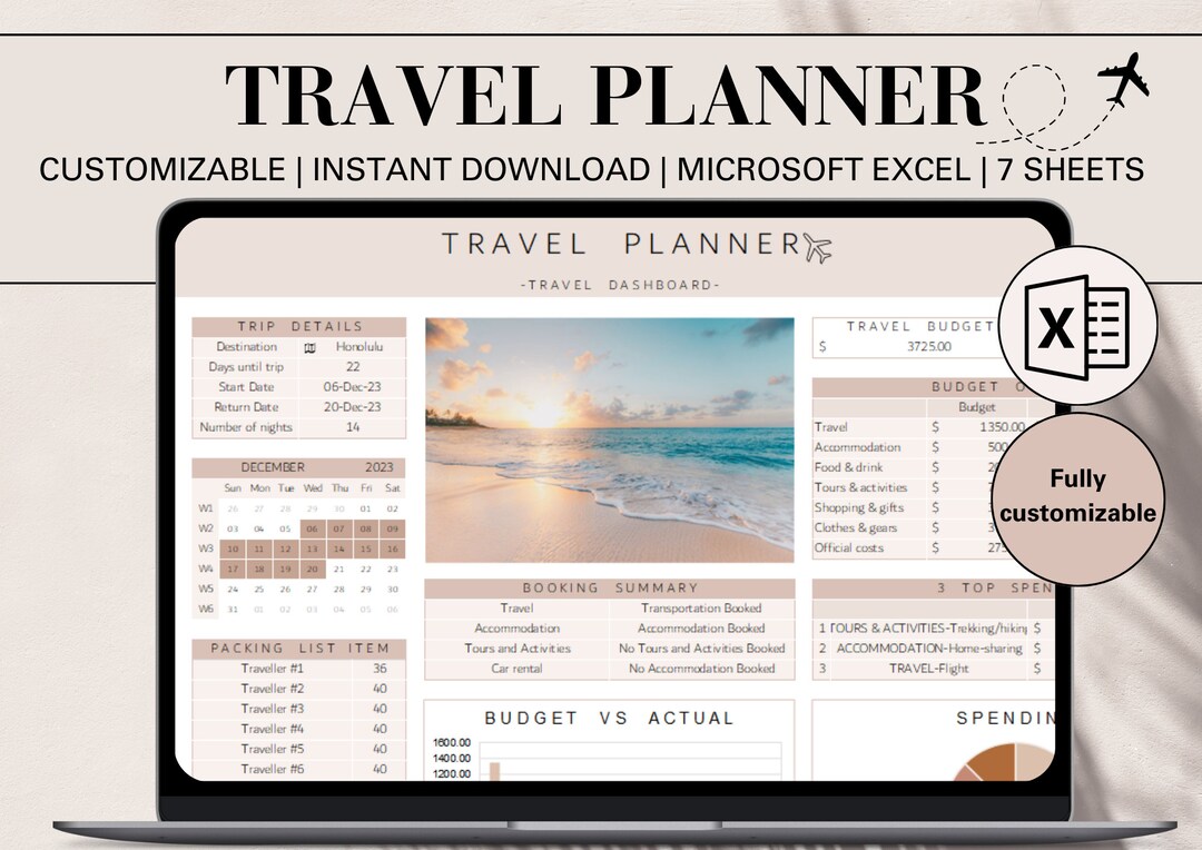 Travel Planner, Excel Spreadsheet Template, Travel Budget, Packing List ...