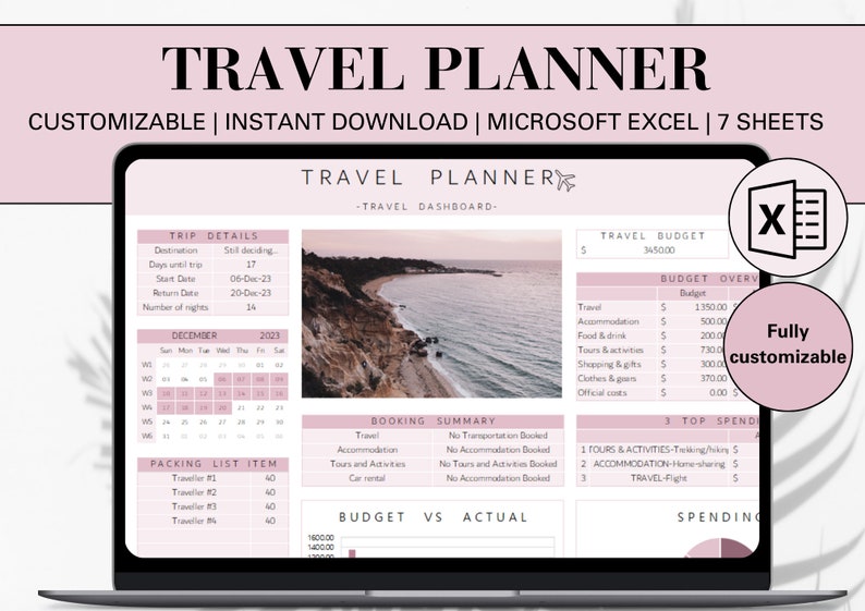 Travel Planner, Excel Spreadsheet Template, Travel Budget, Packing List, Travel Organizer ...