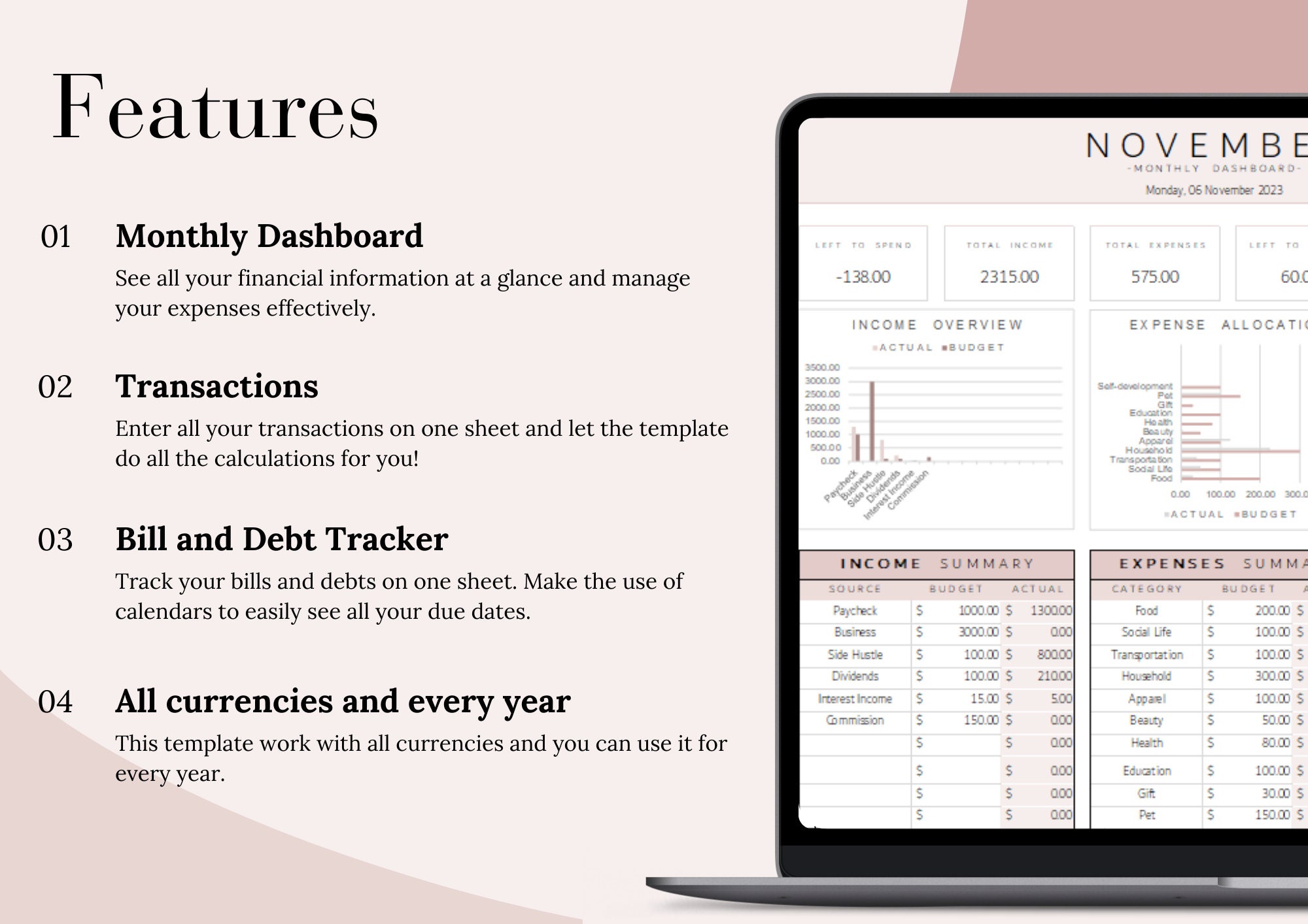 Simple Monthly Budget Template, Microsoft Excel, Income, Expenses ...