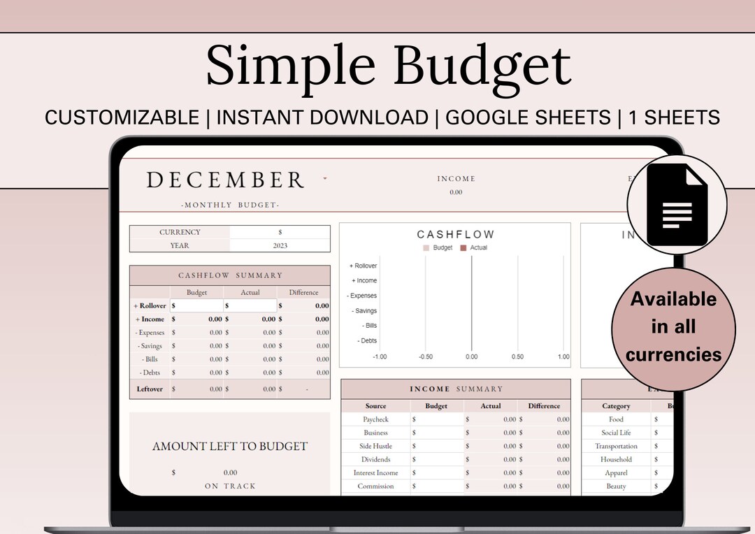 Simple Monthly Budget Template, Google Sheets, Income, Expenses, Debts ...