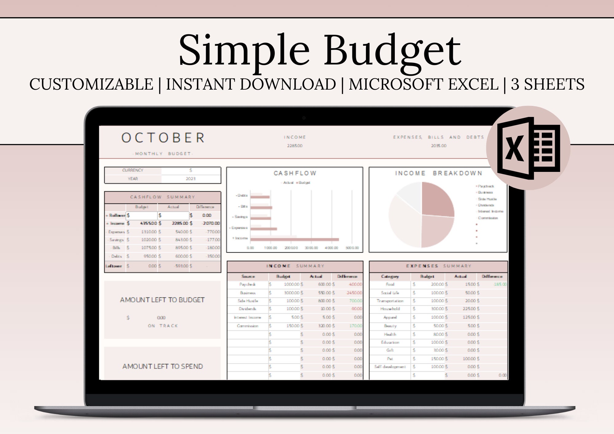 Simple Monthly Budget Template, Microsoft Excel, Income, Expenses ...