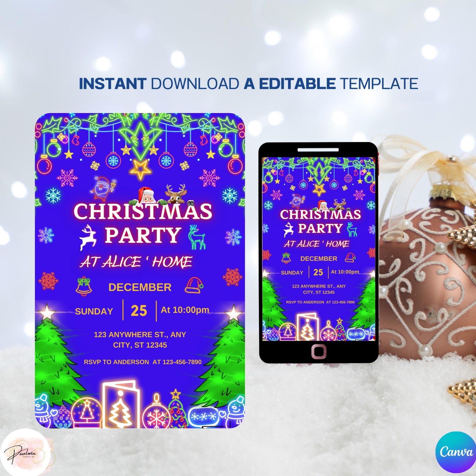 Editable Neon Christmas Party Invitation (digital Download) - Etsy