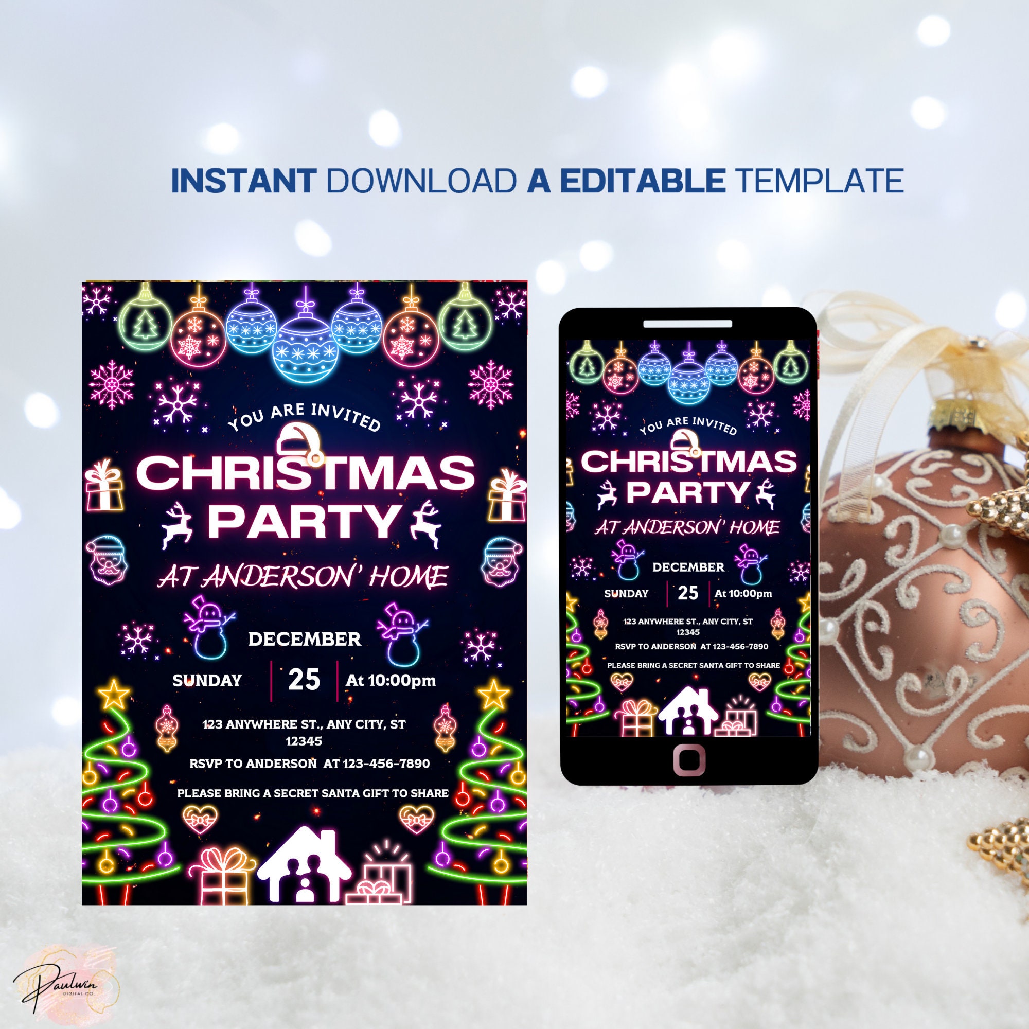 Editable Neon Christmas Party Invitation, Neon Christmas Party Invite ...