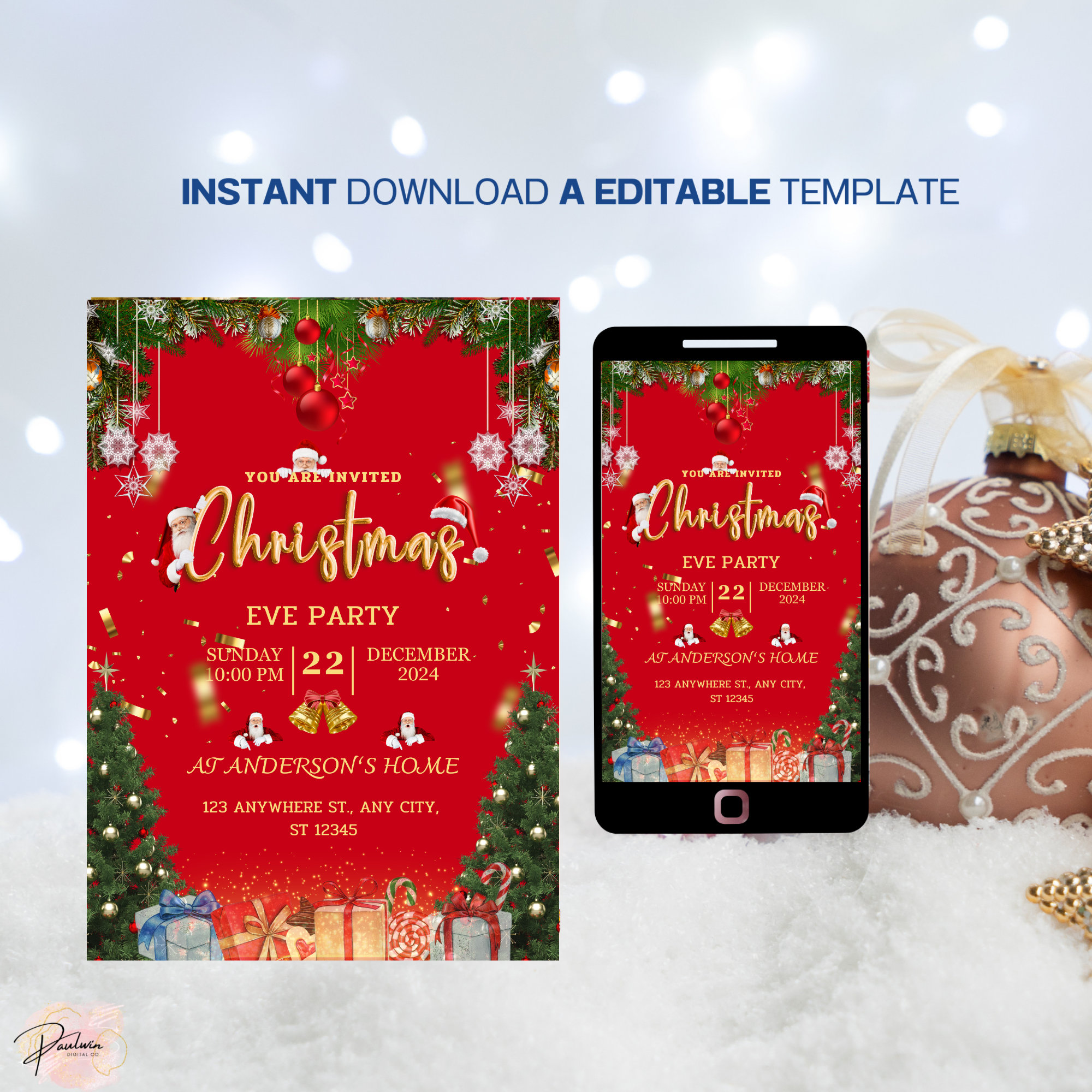 Editable Christmas Party Invitation, Christmas Party Invite, Christmas ...