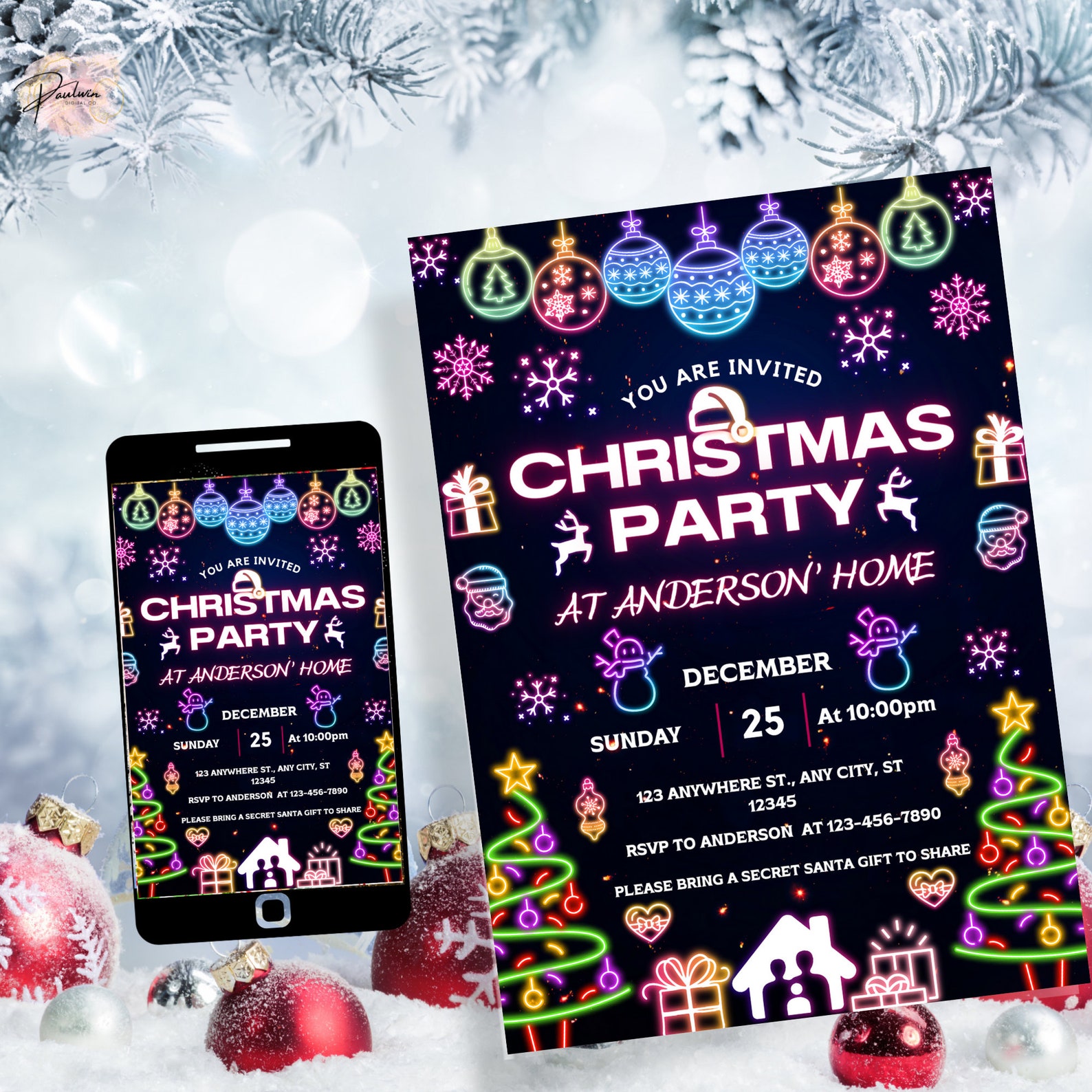 Editable Neon Christmas Party Invitation, Neon Christmas Party Invite ...