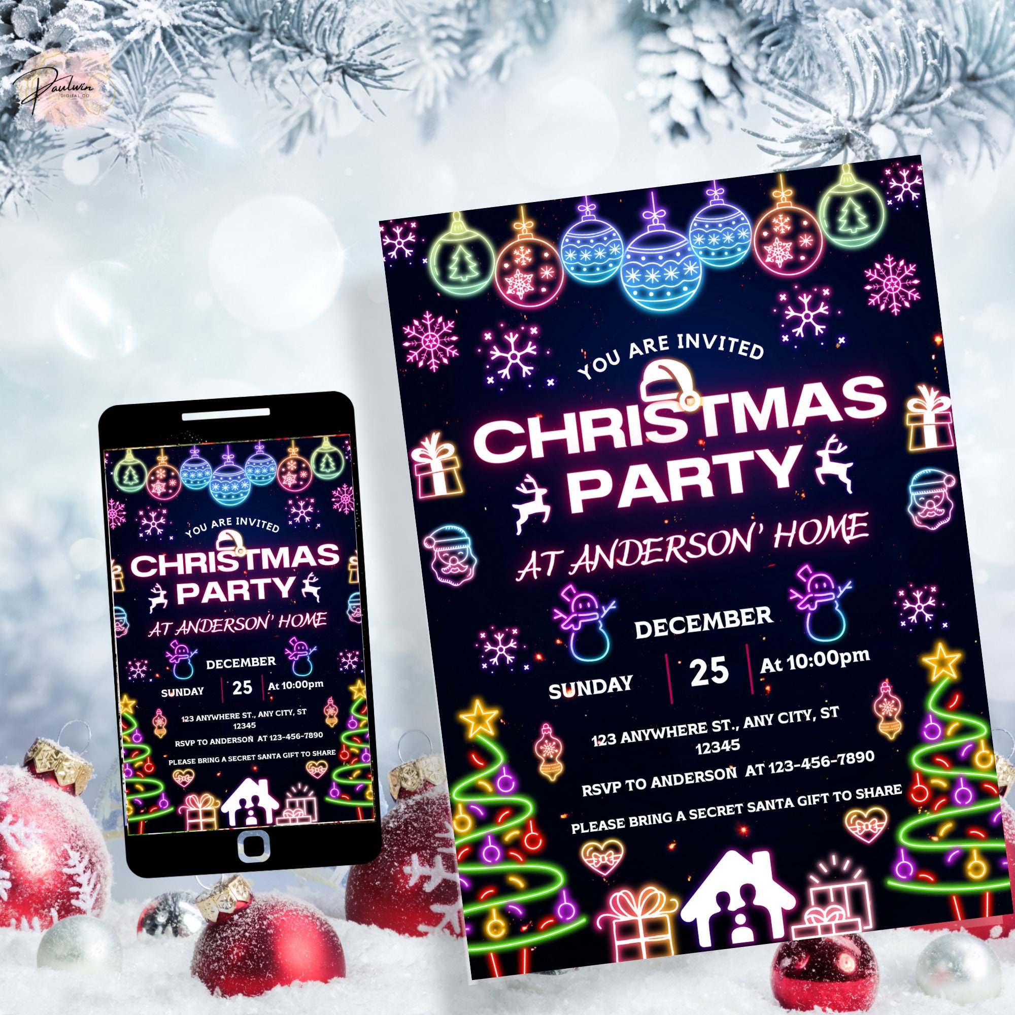 Editable Neon Christmas Party Invitation, Neon Christmas Party Invite ...