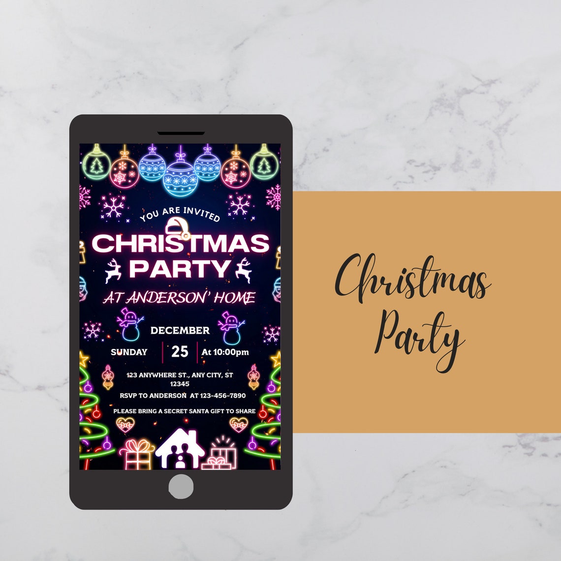 Editable Neon Christmas Party Invitation, Neon Christmas Party Invite ...