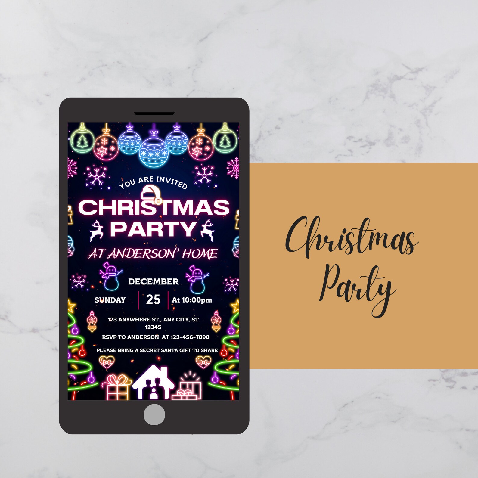 Editable Neon Christmas Party Invitation, Neon Christmas Party Invite ...