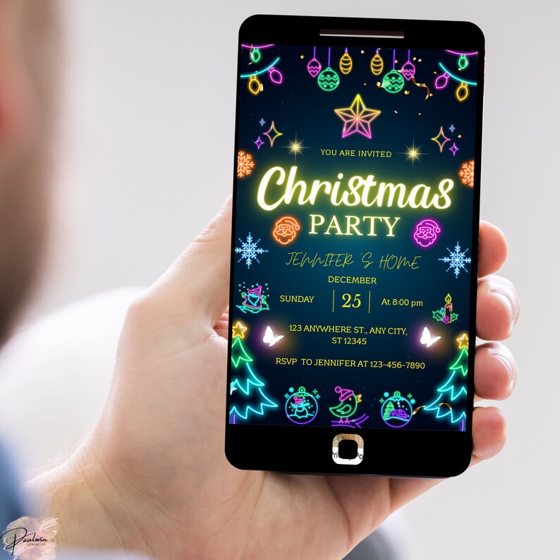 Editable Neon Christmas Party Invitation, Neon Christmas Party ...