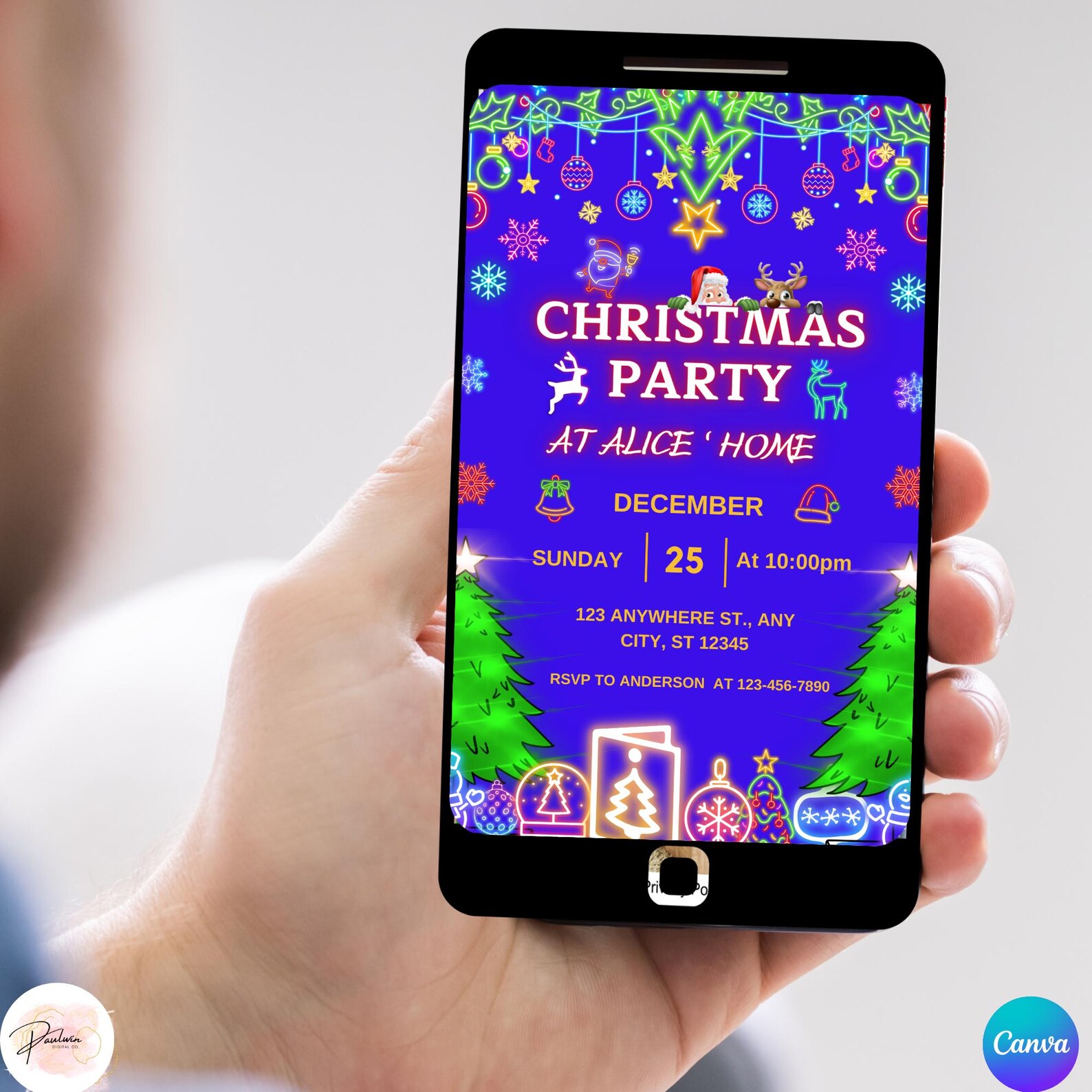 Editable Neon Christmas Party Invitation (digital Download) - Etsy