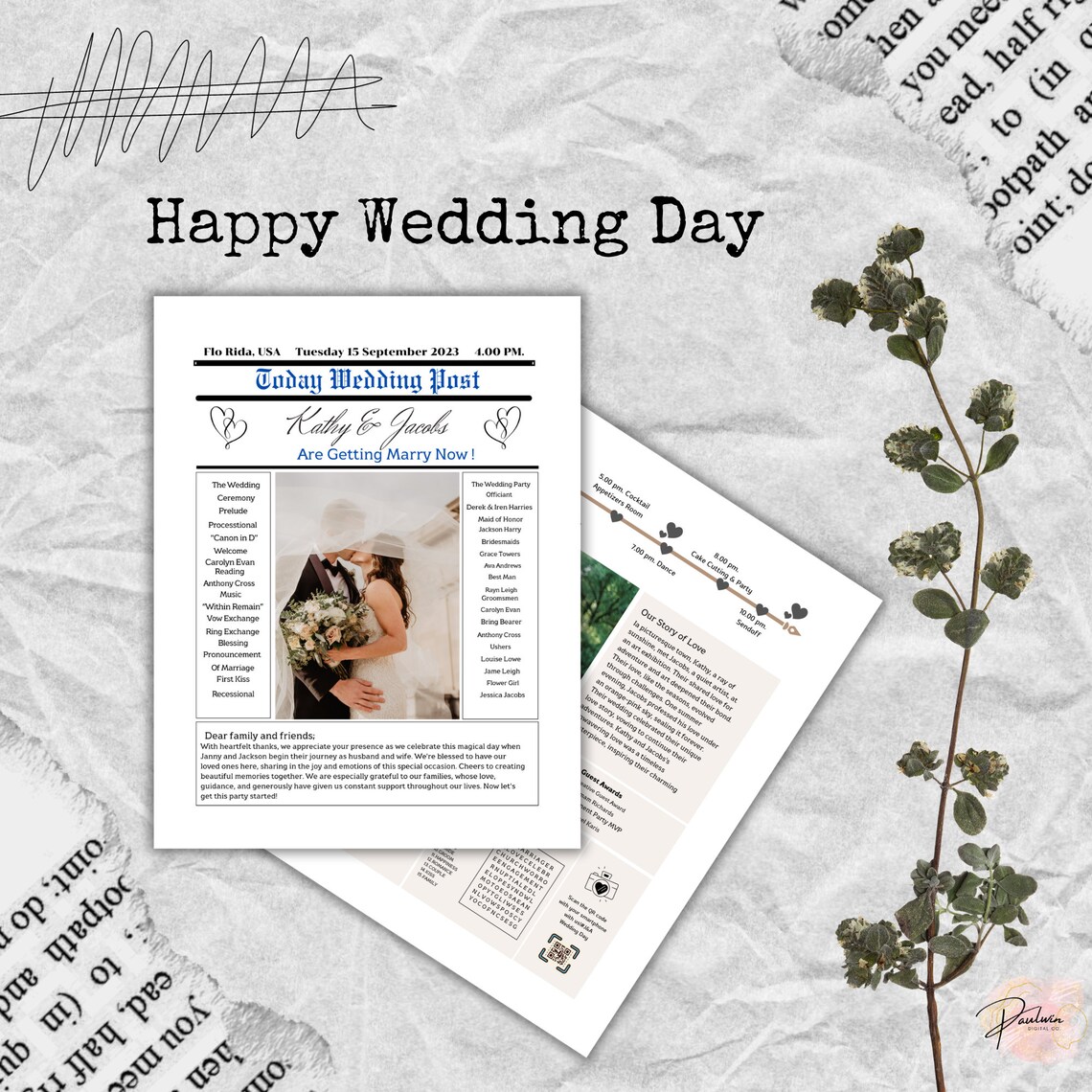 Newspaper Wedding Template, Newspaper Wedding Program, Canva Template ...