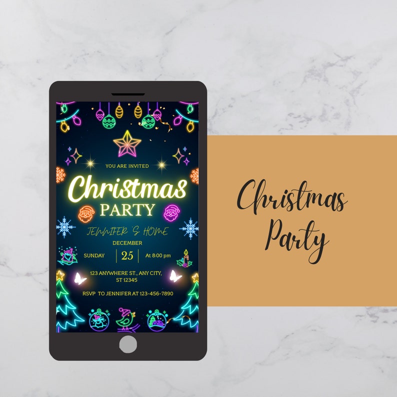 Editable Neon Christmas Party Invitation, Neon Christmas Party ...