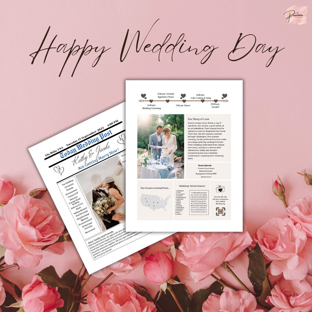 Newspaper Wedding Template, Newspaper Wedding Program, Canva Template ...