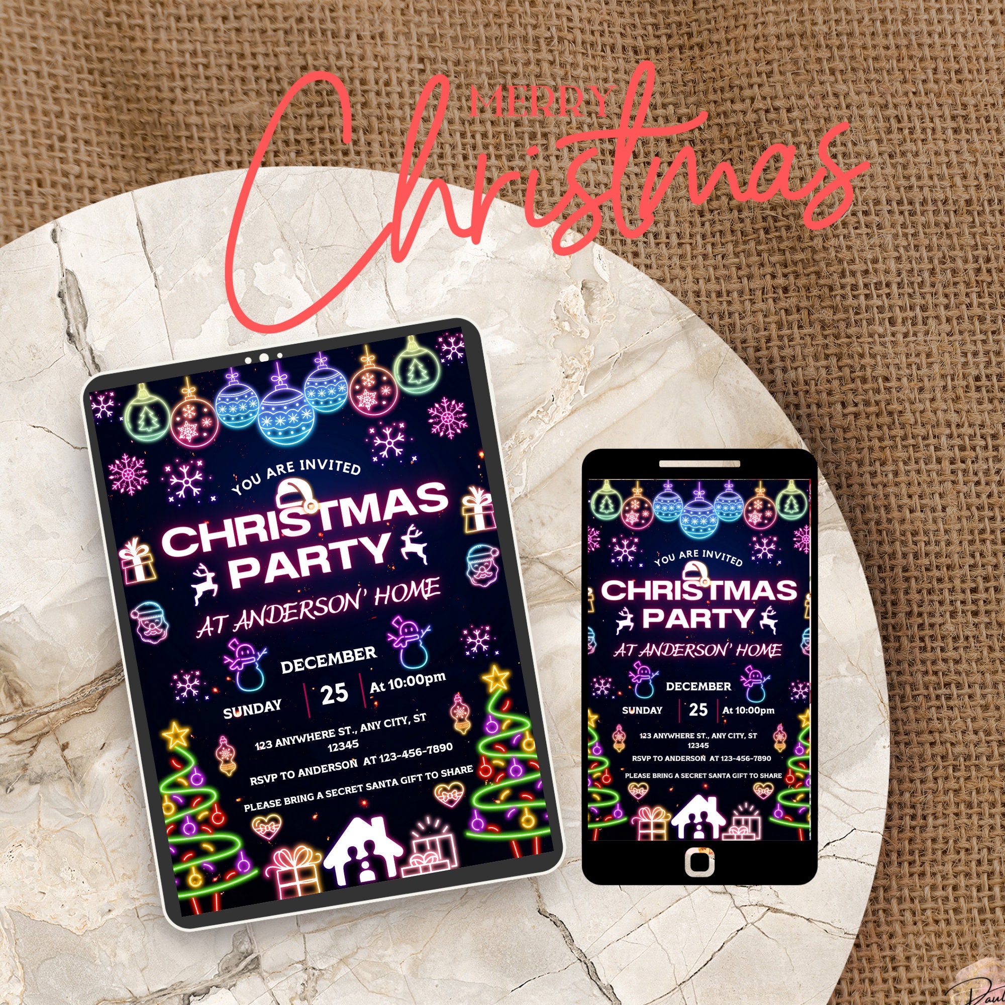 Editable Neon Christmas Party Invitation, Neon Christmas Party Invite ...