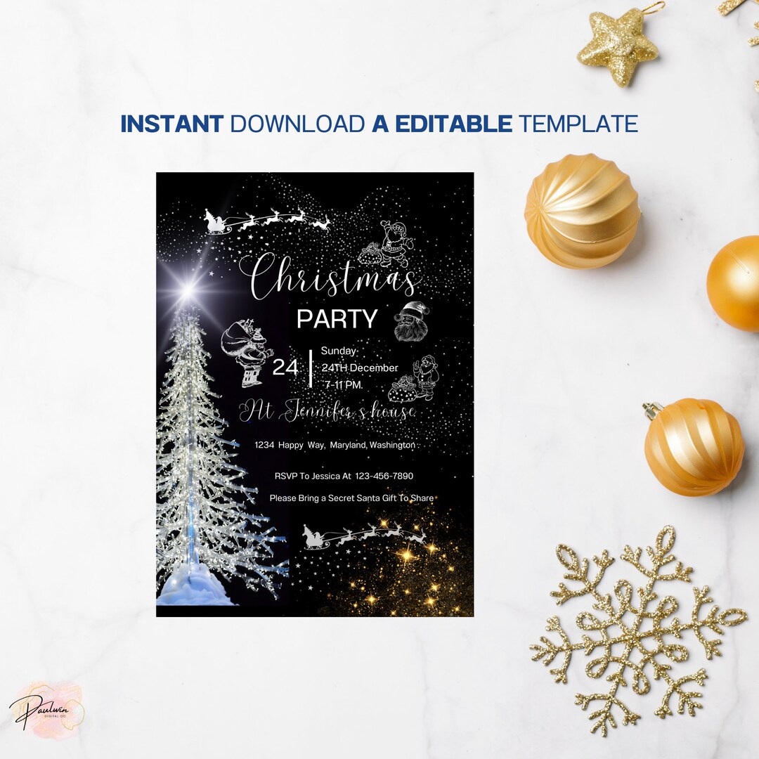 Silver Christmas Party Invitation: Editable Holiday Template (digital ...