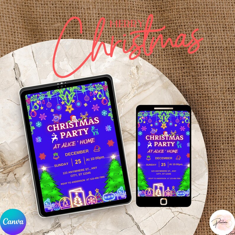 Editable Neon Christmas Party Invitation (digital Download) - Etsy