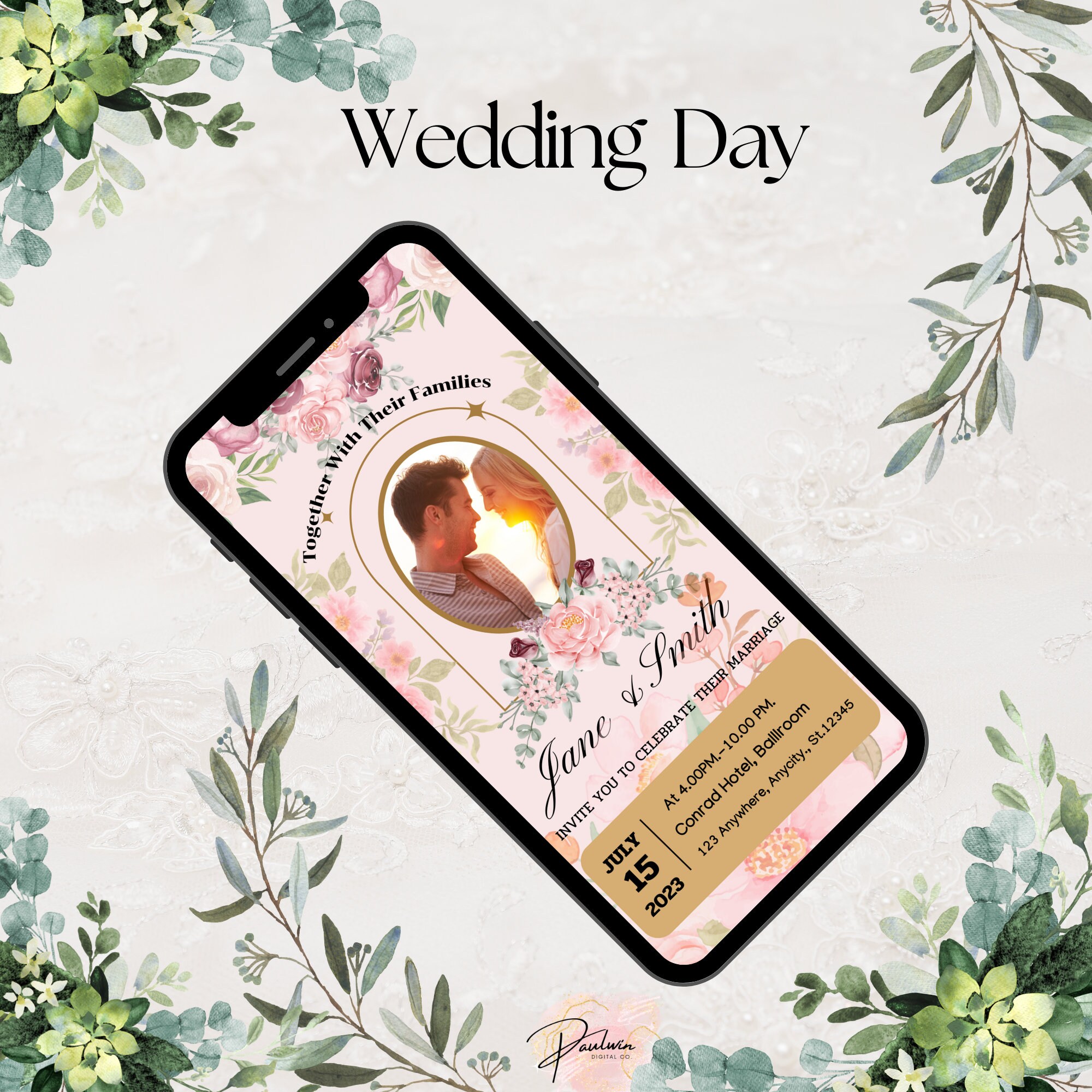 Digital Wedding Invitation, Pink Rose Invitation Template, Editable ...