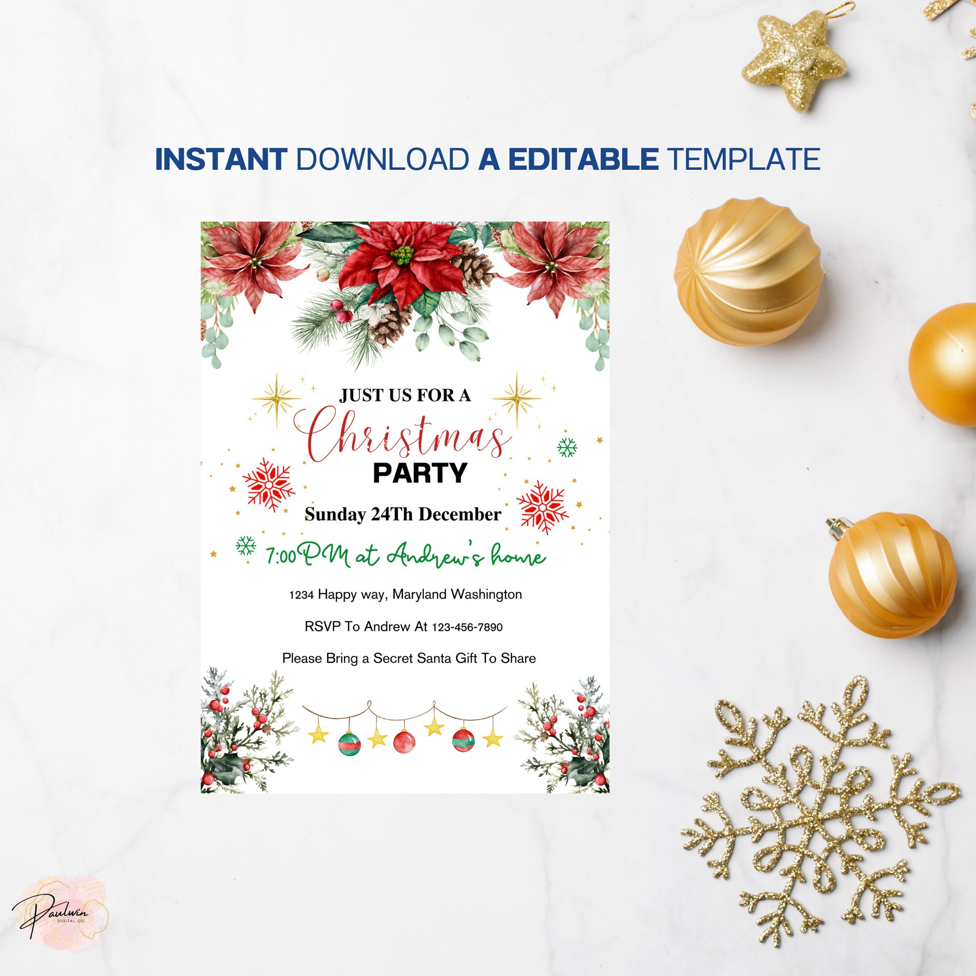Editable Christmas Party Invitation: Festive Holiday Template (digital ...