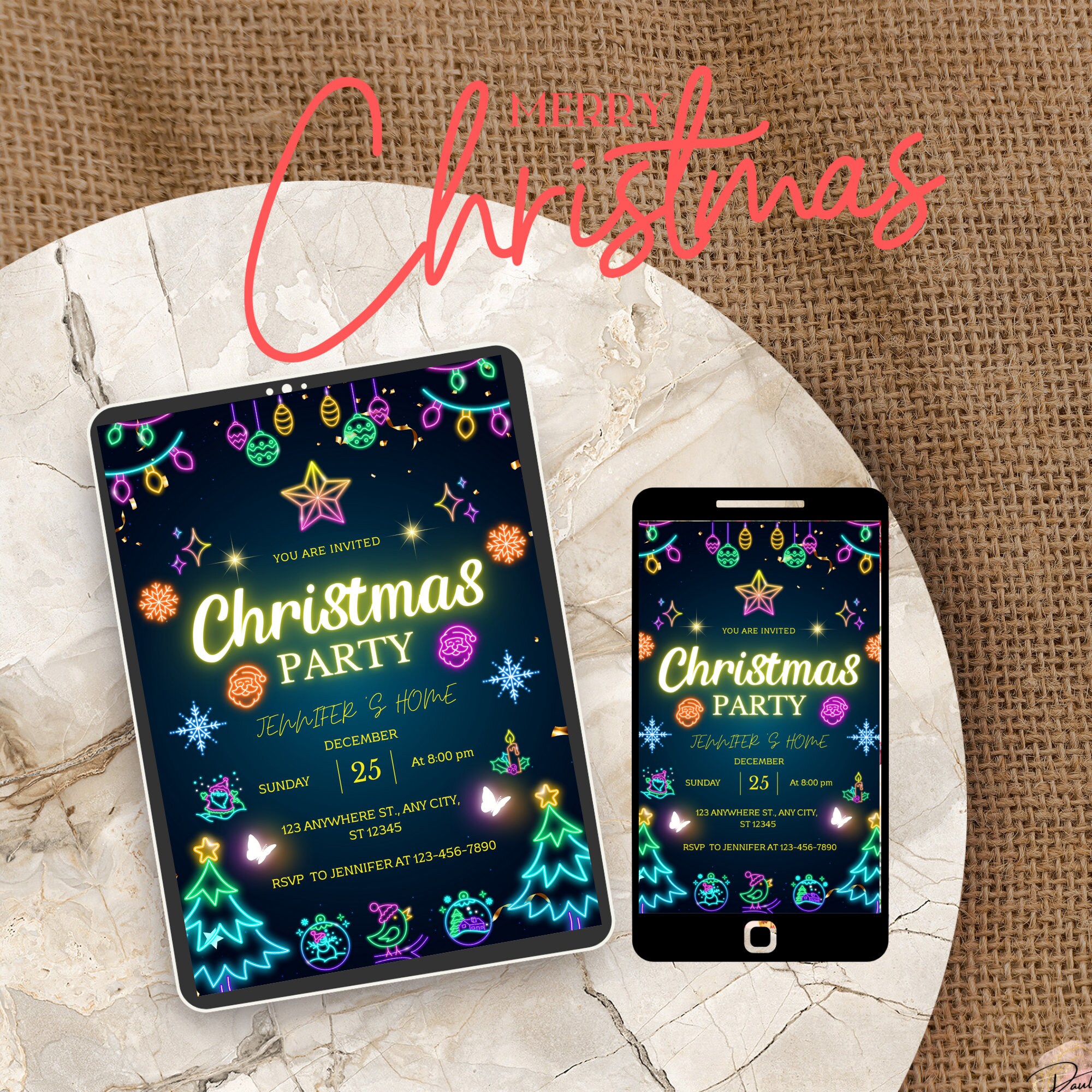 Editable Neon Christmas Party Invitation, Neon Christmas Party ...
