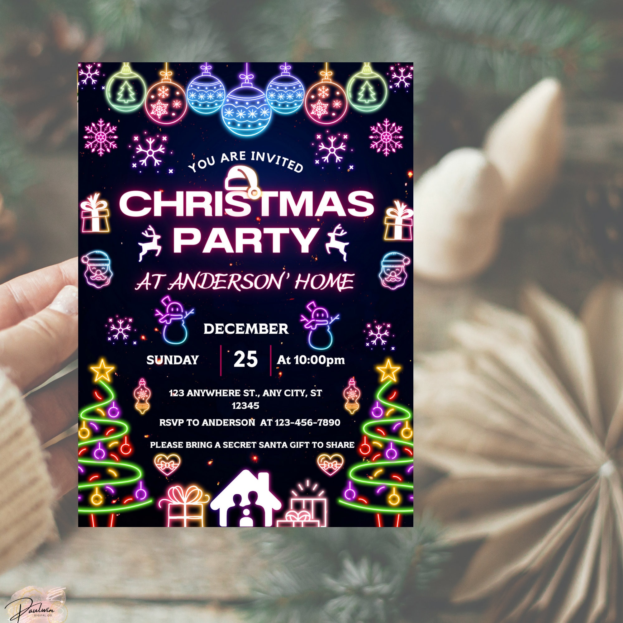 Editable Neon Christmas Party Invitation, Neon Christmas Party Invite ...