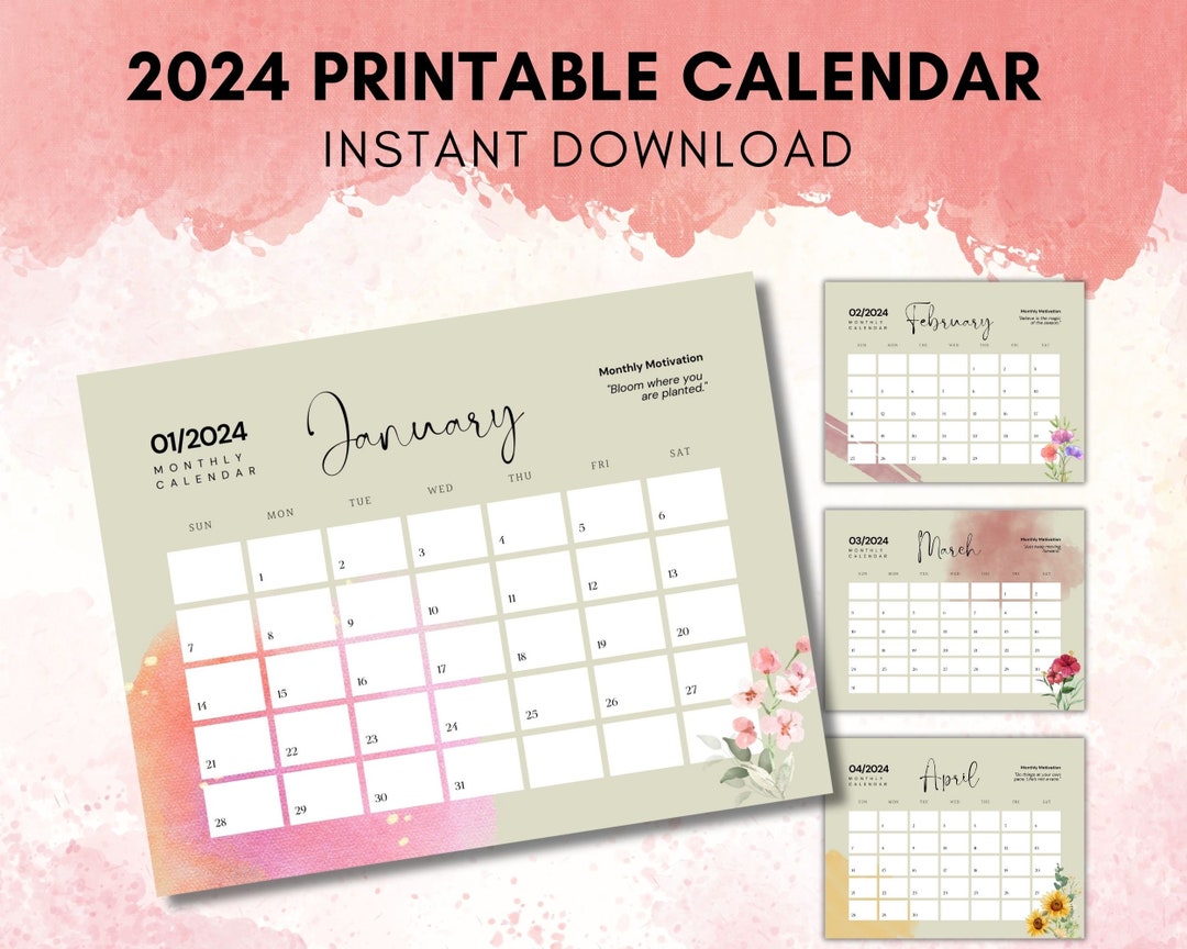 2024 Watercolor Floral Calendar 2024 Calendar Printable - Etsy