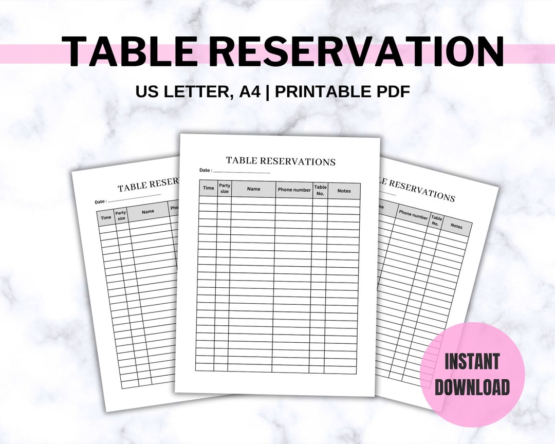 Printable Table Reservation List List Printable PDF A4 & - Etsy