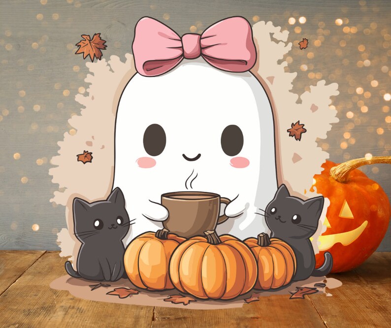 Kawaii Halloween Ghost With Pumpkins and Black Cats Cute Fall Digital ...
