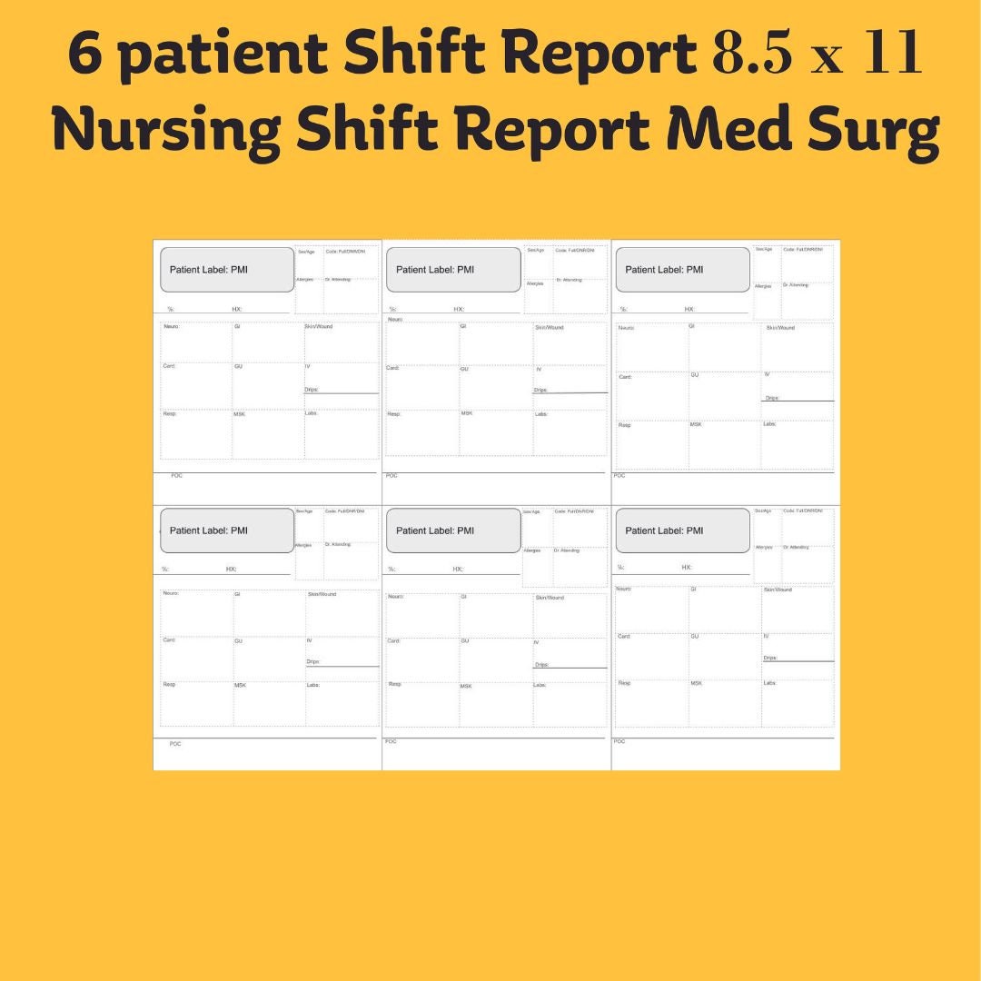6 Patient Shift Report, 8.5x11, Double-sided PDF, Nursing Shift Report ...
