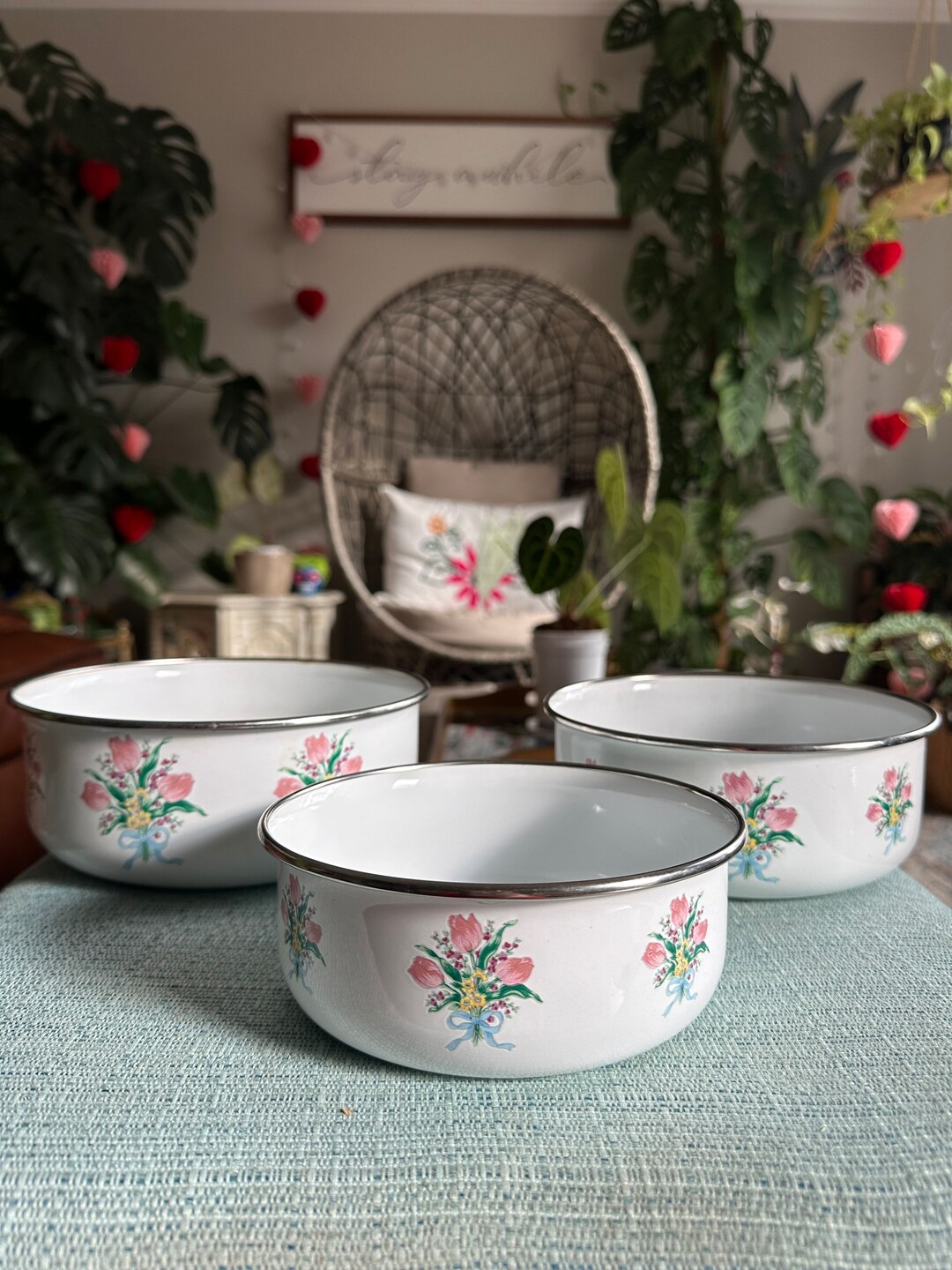 Enamelware Nesting Mixing Storage Bowls Spring Tulip Pattern Set of 3 ...